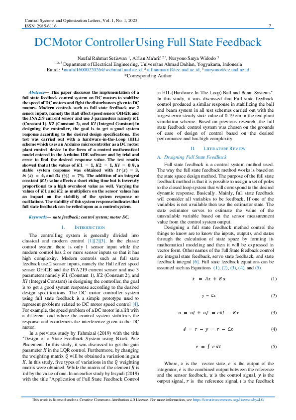 (PDF) DC Motor Controller Using Full State Feedback