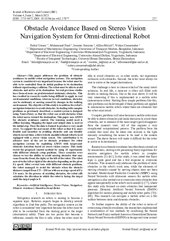 Pdf Obstacle Avoidance Based On Stereo Vision Navigation System For Omni Directional Robot