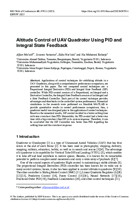 (PDF) Altitude Control of UAV Quadrotor Using PID and Integral State ...