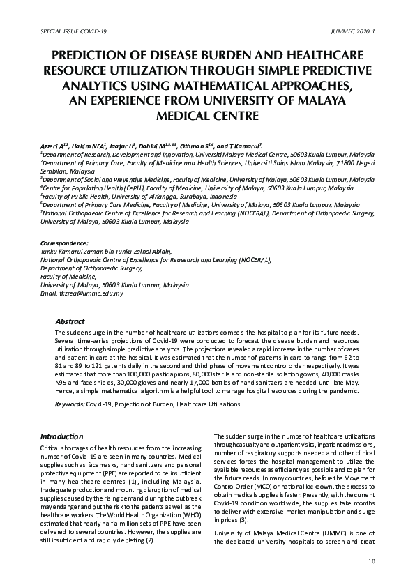 (PDF) Prediction of Disease Burden and Healthcare Resource Utilization Through Simple Predictive ...