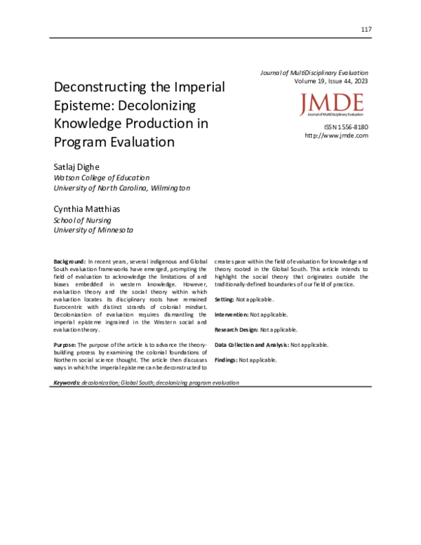 (PDF) Deconstructing the Imperial Episteme: Decolonizing Knowledge Production in Program Evaluation
