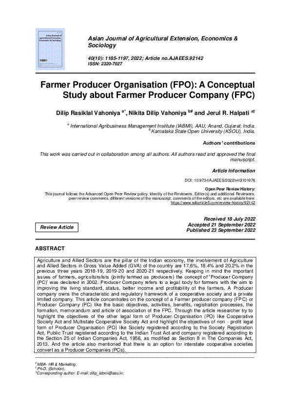 (PDF) Farmer Producer Organisation (FPO): A Conceptual Study about ...