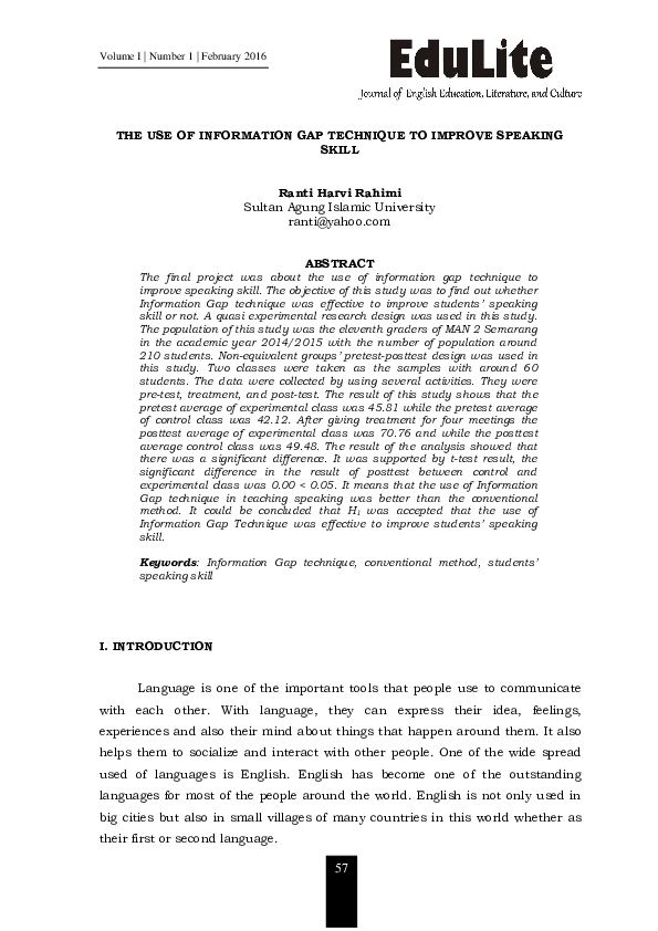 (PDF) The Use of Information Gap Technique to Improve Speaking Skill