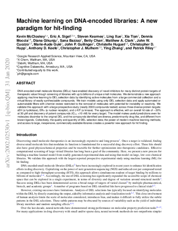 (PDF) Machine Learning on DNA-Encoded Libraries: A New Paradigm for Hit Finding | Anthony Keefe ...