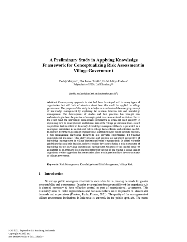 (PDF) A Preliminary Study in Applying Knowledge Framework for Conceptualizing Risk Assessment in ...