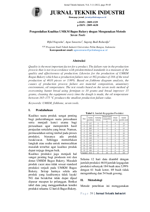 (PDF) Pengendalian Kualitas UMKM Bagus Bakery dengan Mengunakan Metode Seven Tools