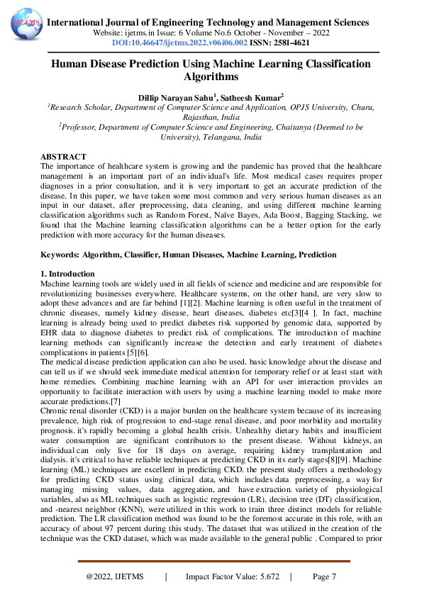 (PDF) Human Disease Prediction Using Machine Learning Classification Algorithms