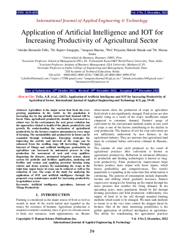 (PDF) Application of Artificial Intelligence and IOT for Increasing Productivity of Agricultural ...