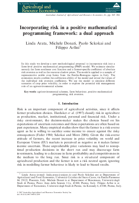 (PDF) Incorporating risk in a positive mathematical programming framework: a dual approach