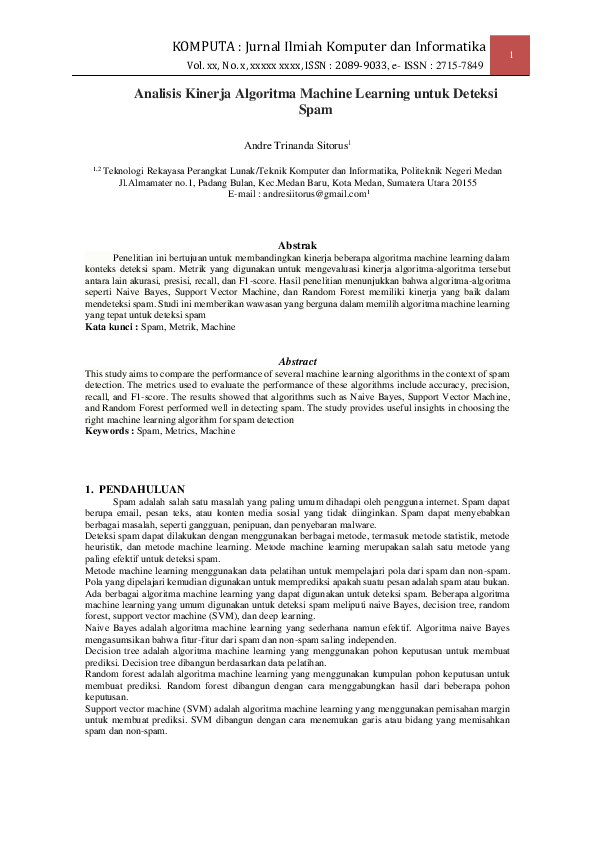(PDF) Analisis Kinerja Algoritma Machine Learning untuk Deteksi Spam
