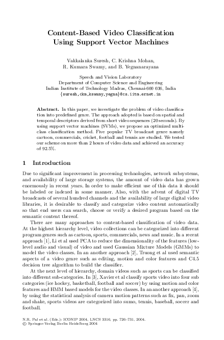 (PDF) Content-Based Video Classification Using Support Vector Machines