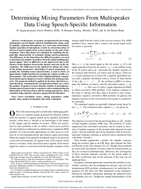 Pdf Determining Mixing Parameters From Multispeaker Data Using Speech Specific Information