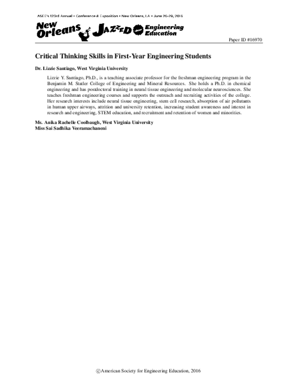 (PDF) Critical Thinking Skills in First-Year Engineering Students
