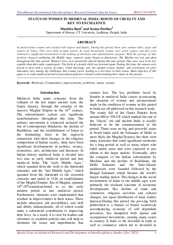 (PDF) STATUS OF WOMEN IN MEDIEVAL INDIA: ROOTS OF CRUELTY AND KEY TO ...
