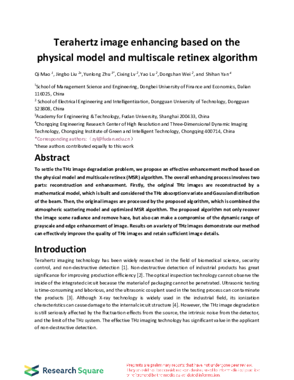 Pdf Terahertz Image Enhancing Based On The Physical Model And Multiscale Retinex Algorithm