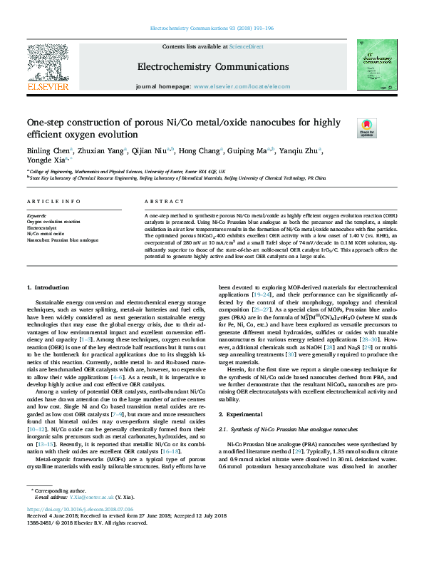 (PDF) One-step construction of porous Ni/Co metal/oxide nanocubes for ...
