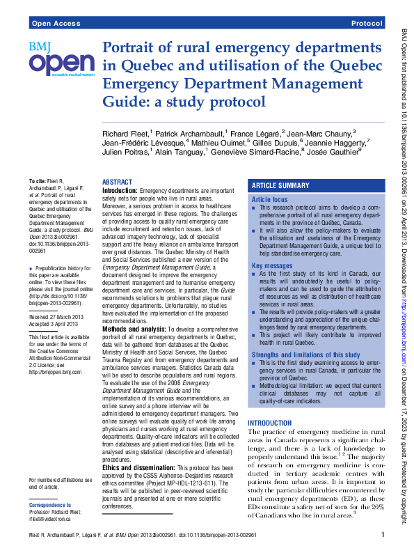 (PDF) Portrait of rural emergency departments in Quebec and utilisation ...