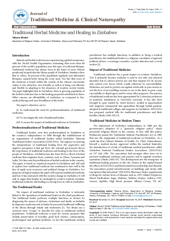 (PDF) Traditional Herbal Medicine and Healing in Zimbabwe