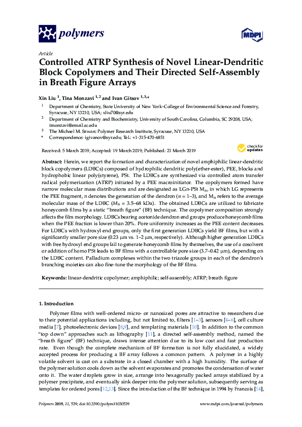 (PDF) Controlled ATRP Synthesis of Novel Linear-Dendritic Block Copolymers and Their Directed ...