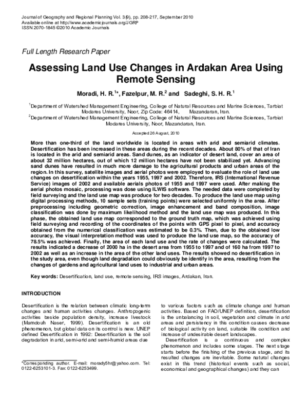 (PDF) The Study of Land Use Change on Desertification Using Remote Sensing in Ardakan Area