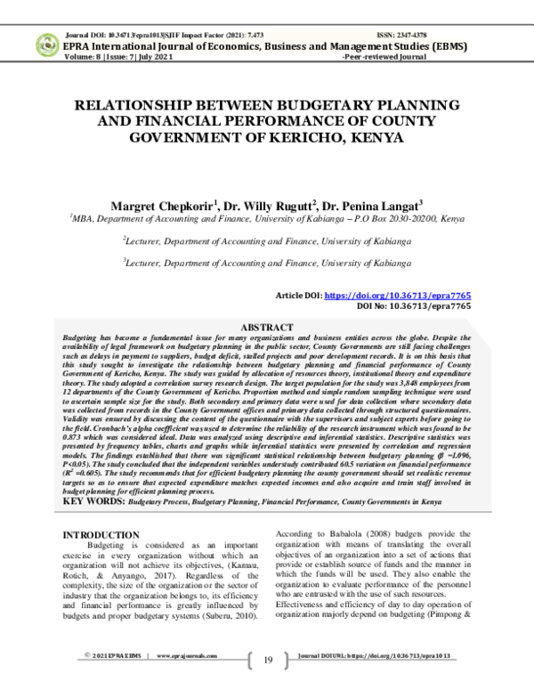 (PDF) Relationship Between Budgetary Planning and Financial Performance ...