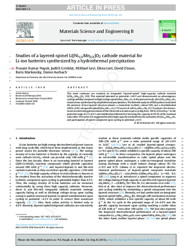 (PDF) Studies of a layered-spinel Li[Ni1/3Mn2/3]O2 cathode material for ...