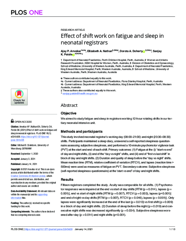 (PDF) Effect of shift work on fatigue and sleep in neonatal registrars