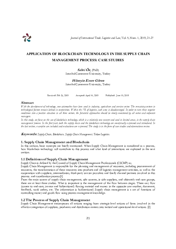 (PDF) Application of Blockchain Technology in the Supply Chain Management Process: Case Studies
