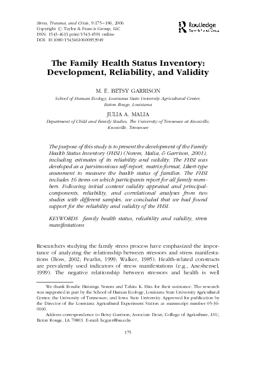 (PDF) The Family Health Status Inventory: Development, Reliability, and ...