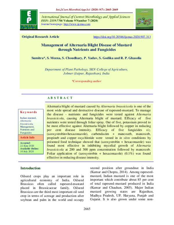 (PDF) Management of Alternaria Blight Disease of Mustard through Nutrients and Fungicides