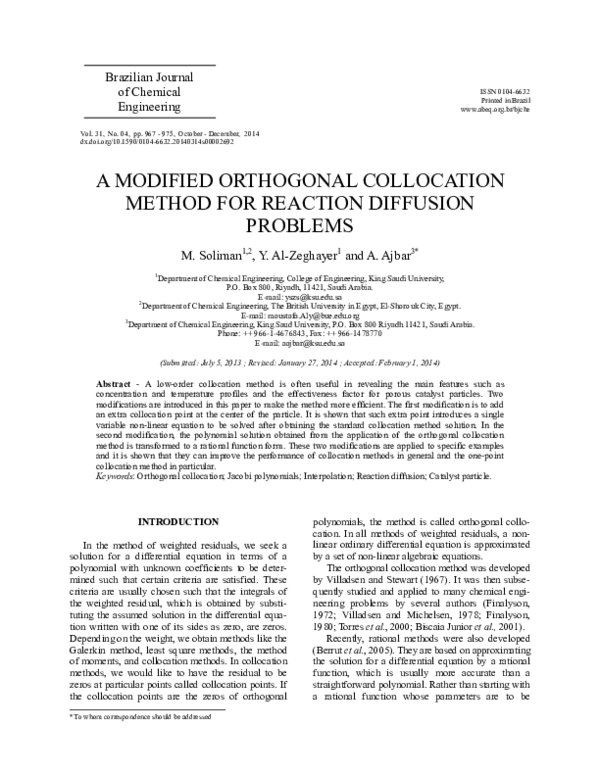 (PDF) A modified orthogonal collocation method for reaction diffusion problems