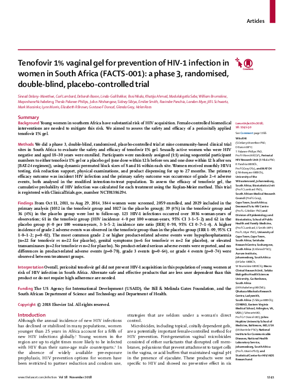 (PDF) Tenofovir 1% vaginal gel for prevention of HIV-1 infection in women in South Africa (FACTS ...