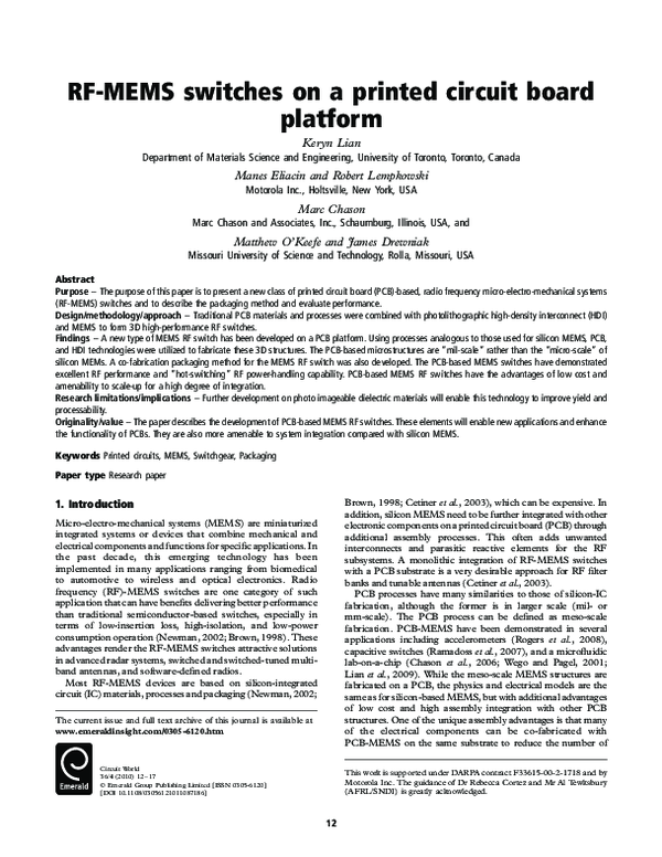 (PDF) RF‐MEMS switches on a printed circuit board platform