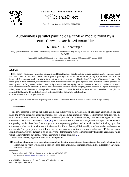 (PDF) Autonomous parallel parking of a car-like mobile robot by a neuro-fuzzy sensor-based ...