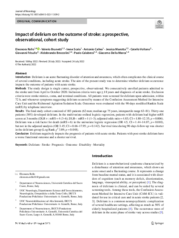 (PDF) Impact of delirium on the outcome of stroke: a prospective ...