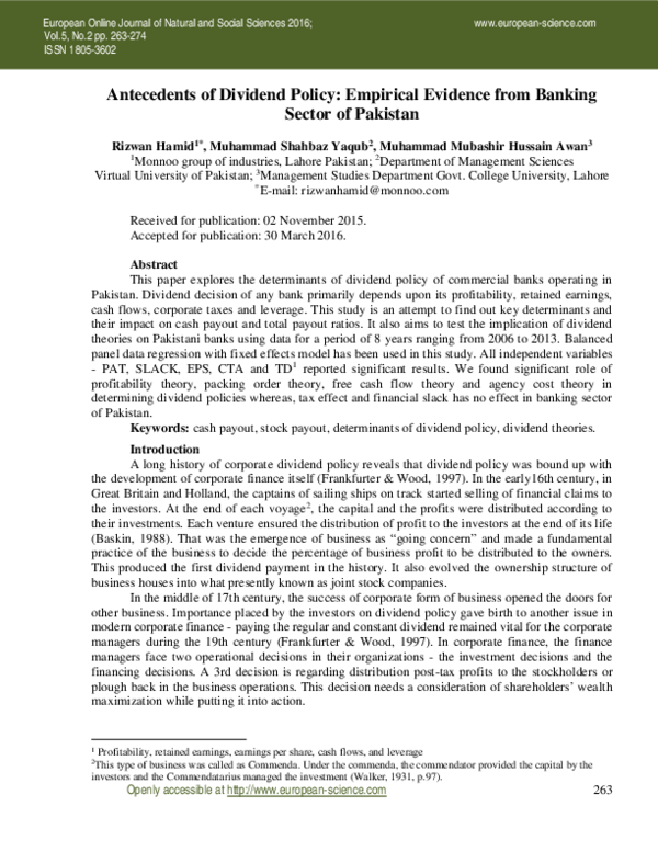 (PDF) Antecedents of Dividend Policy: Empirical Evidence from Banking ... (PDF) Antecedents of Dividend Policy: Empirical Evidence from Banking ...