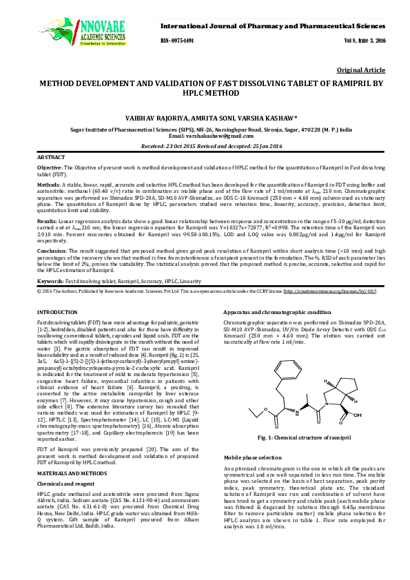 (PDF) METHOD DEVELOPMENT AND VALIDATION OF FAST DISSOLVING TABLET OF RAMIPRIL BY HPLC METHOD ...