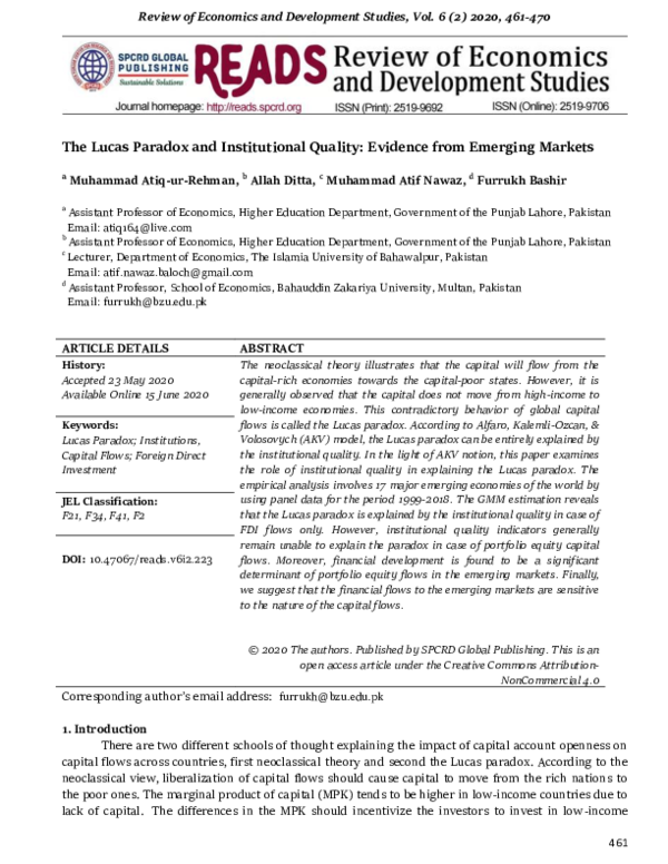 (PDF) The Lucas Paradox and Institutional Quality: Evidence from ...