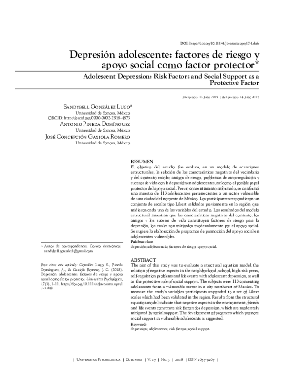 (PDF) Depresión adolescente: factores de riesgo y apoyo social como ...