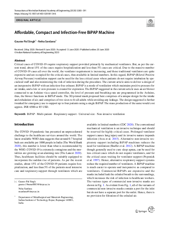 (PDF) Affordable, Compact and Infection-Free BiPAP Machine
