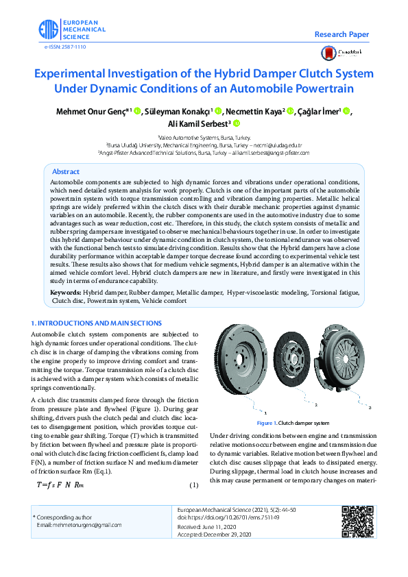 (PDF) Experimental Investigation of the Hybrid Damper Clutch System Under Dynamic Conditions of ...