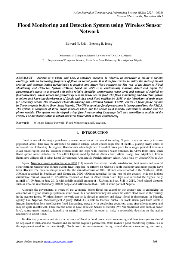 Pdf Flood Monitoring And Detection System Using Wireless Sensor Network