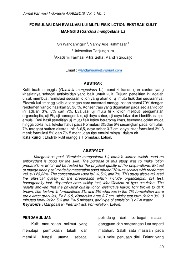 (PDF) FORMULASI DAN EVALUASI UJI MUTU FISIK LOTION EKSTRAK KULIT MANGGIS (Garcinia mangostana L.)