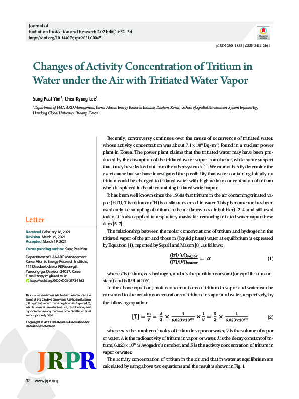 (PDF) Changes of Activity Concentration of Tritium in Water under the ...