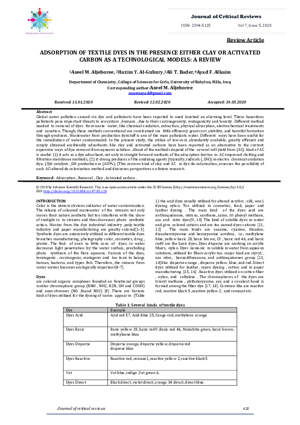 (PDF) Adsorption of Textile Dyes in the Presence Either Clay or Activated Carbon as a ...