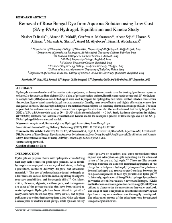 (PDF) Removal of Rose Bengal Dye from Aqueous Solution using Low Cost (SA-g-PAAc) Hydrogel ...