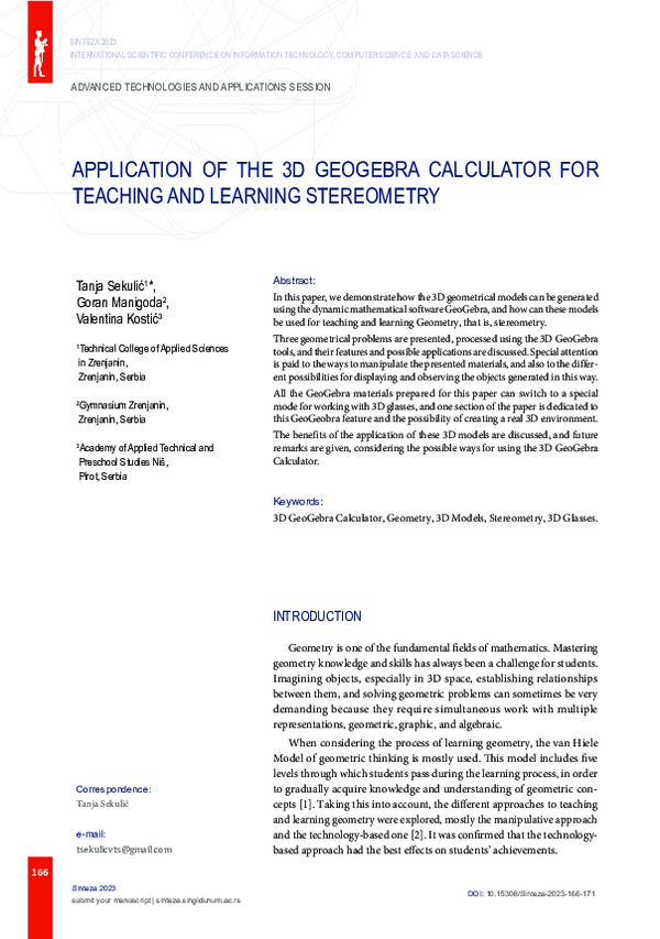 (PDF) Application of the 3D Geogebra Calculator for Teaching and ...
