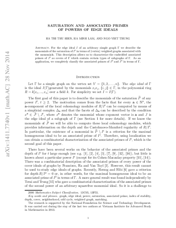 (PDF) Saturation and associated primes of powers of edge ideals