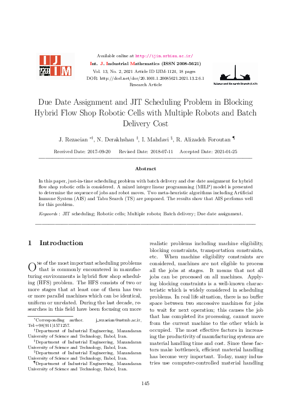 (PDF) Due Date Assignment and JIT Scheduling Problem in Blocking Hybrid Flow Shop Robotic Cells ...