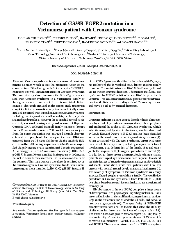 (PDF) Detection of G338R FGFR2 mutation in a Vietnamese patient with ...
